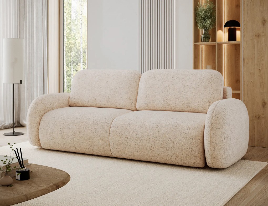 Rozkládací pohovka Avuela s úložným prostorem, světle béžový plyš