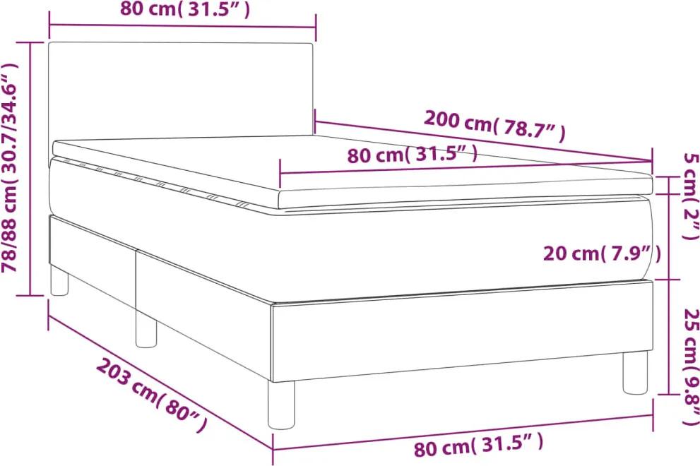vidaXL Box spring postel s matrací a LED 80x200 cm samet [3134251] Barva: světle šedá