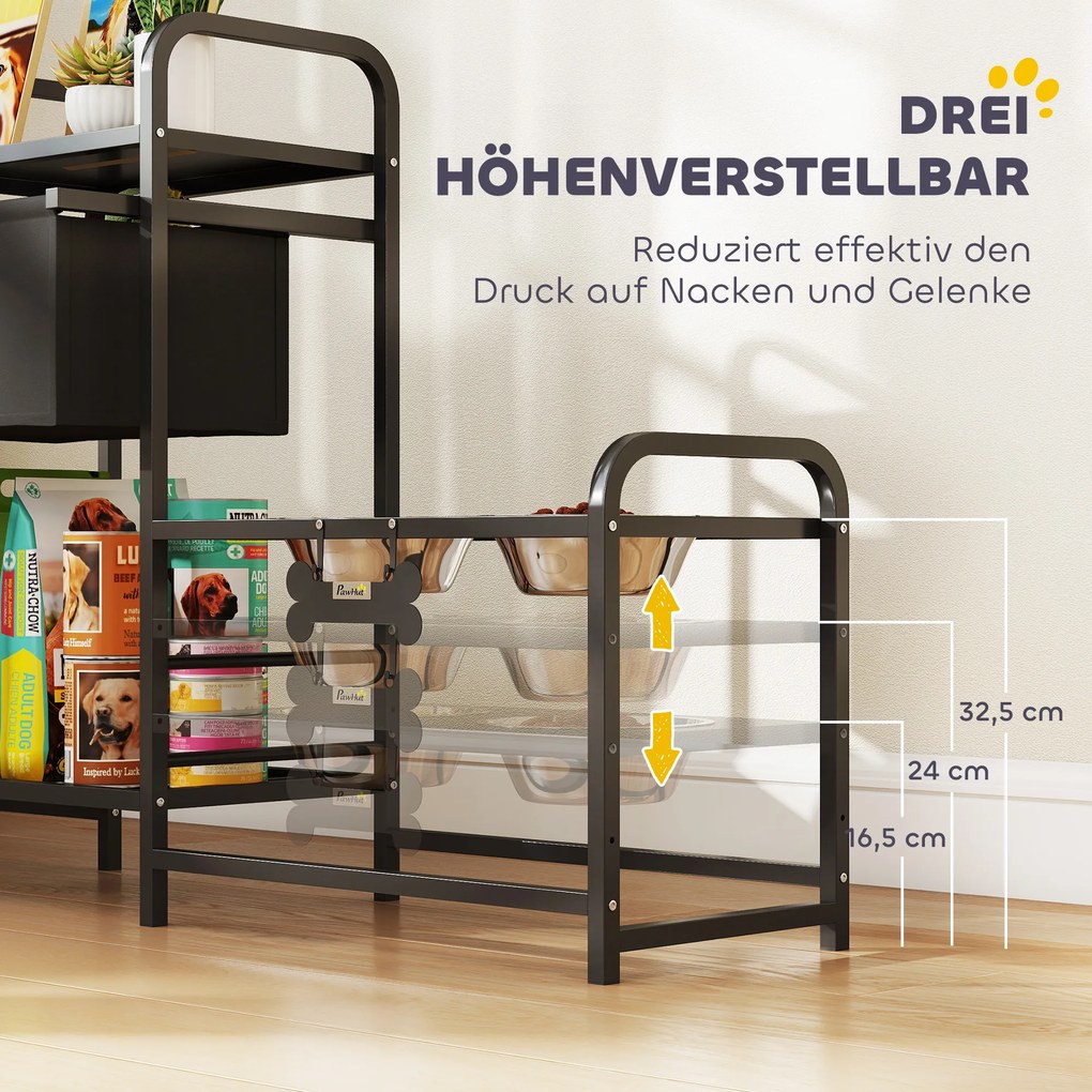 PawHut Vyvýšená miska pro psy Výškově nastavitelná miska na krmivo s úložným prostorem Miska na vodu 2 x 800ml nerezové misky 89,5x27x74 cm Černá bar…