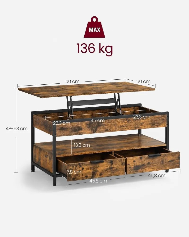 Výškově nastavitelný konferenční stolek GASPAR, 50x100x(48-63)cm, hnědá/černá Vasagle