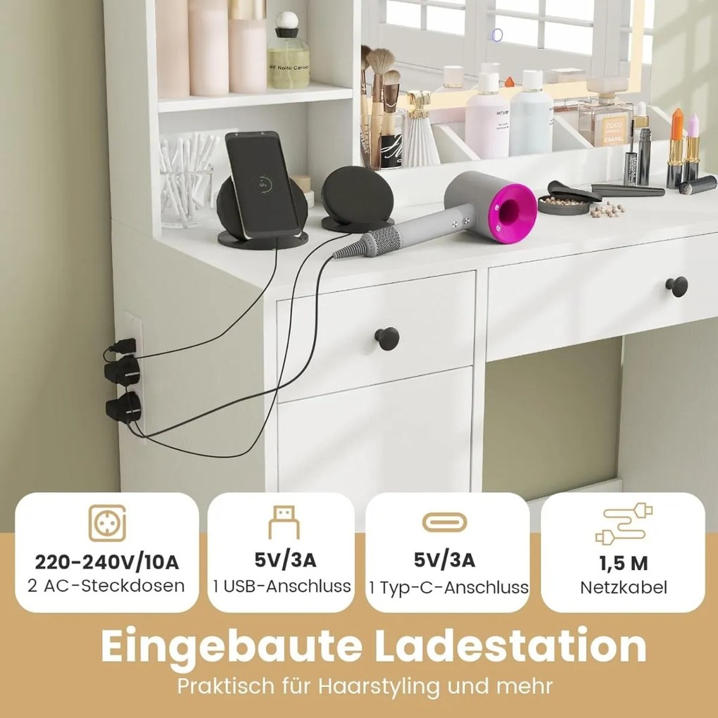 Costway Toaletní stolek s taburetem a LED zrcadlem a zásuvkami set