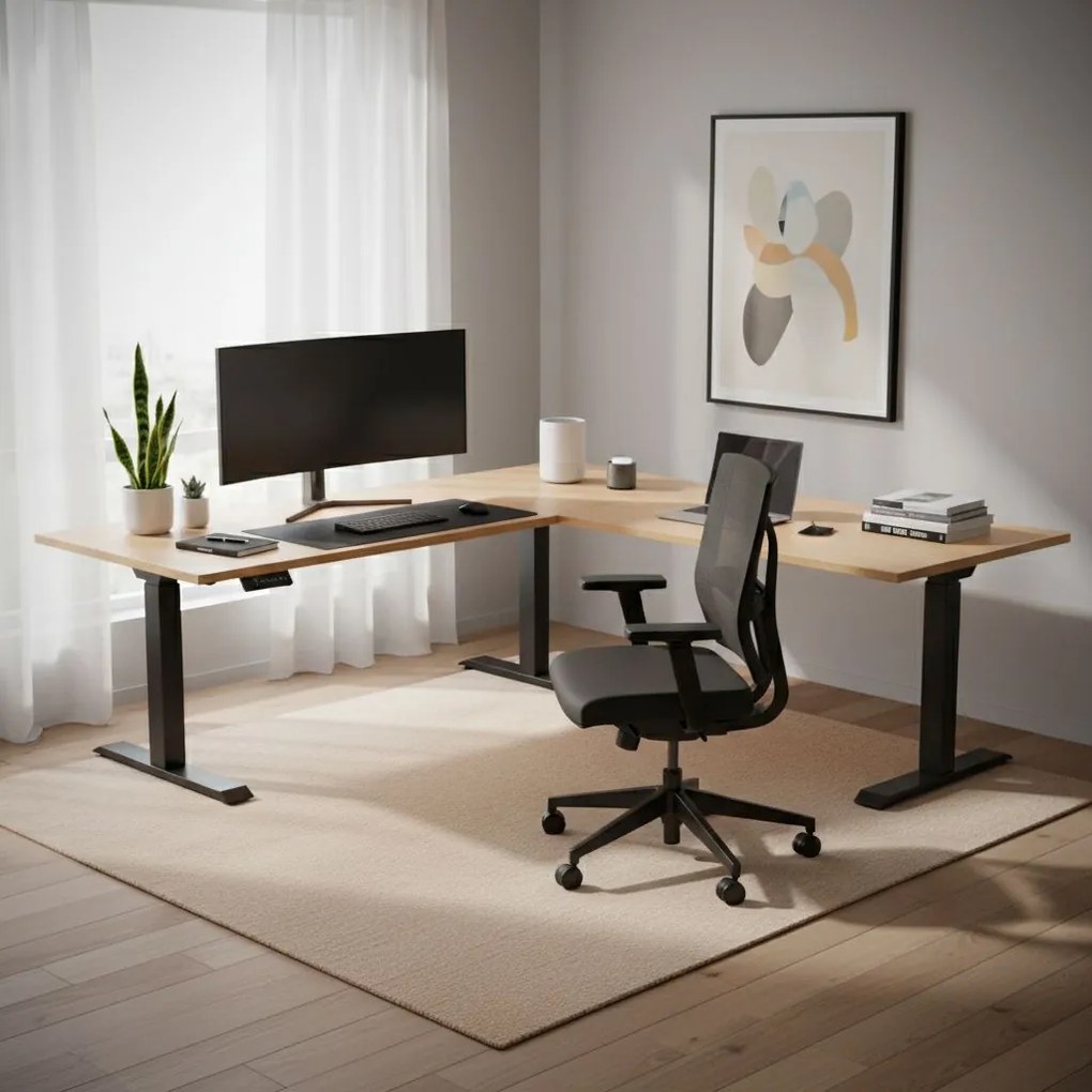 Výškově nastavitelný stůl OfficeTech Angle, 180 x 200 cm, černá podnož, buk
