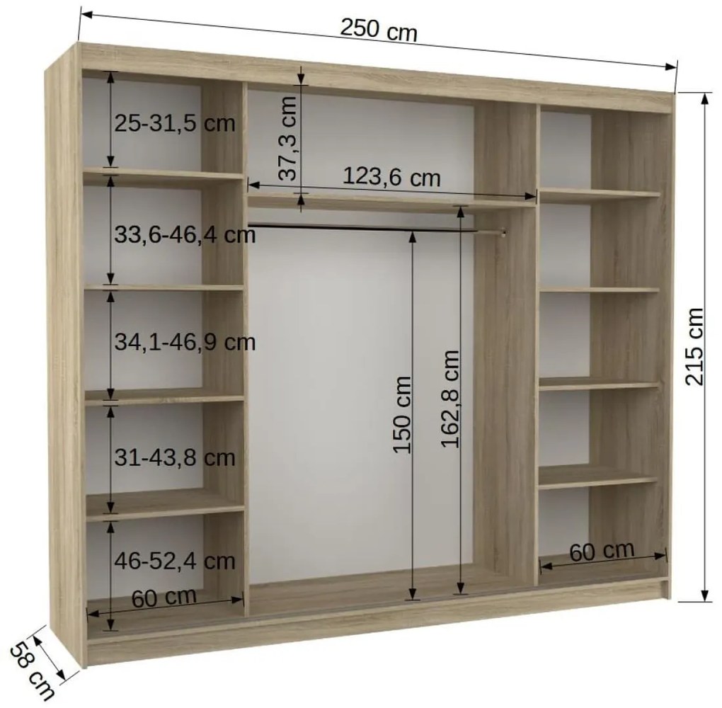 Šatní skříň s posuvnými dveřmi Salto - 250 cm Barva: dub Sonoma