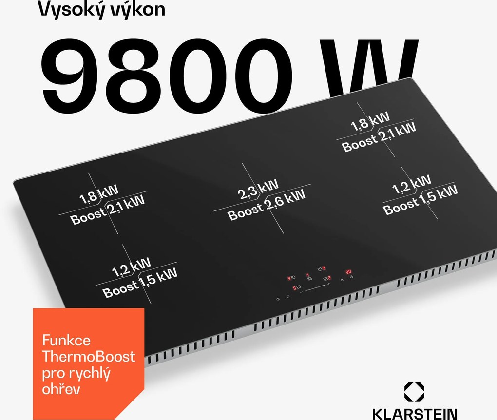 Klarstein PowerGlide indukční varná deska | Odolná proti poškrábání | 5 varných zón | 9800 W | 90 cm