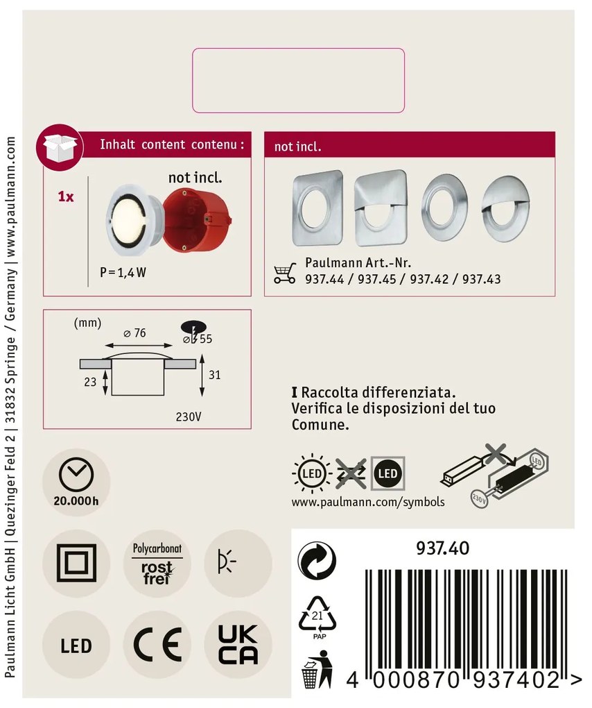 Paulmann 93740 Special Line IP65 Downlight Basic, zápustné svítidlo do krabice KU68, 1x1,4W LED, 3000K, prům. 7,6cm