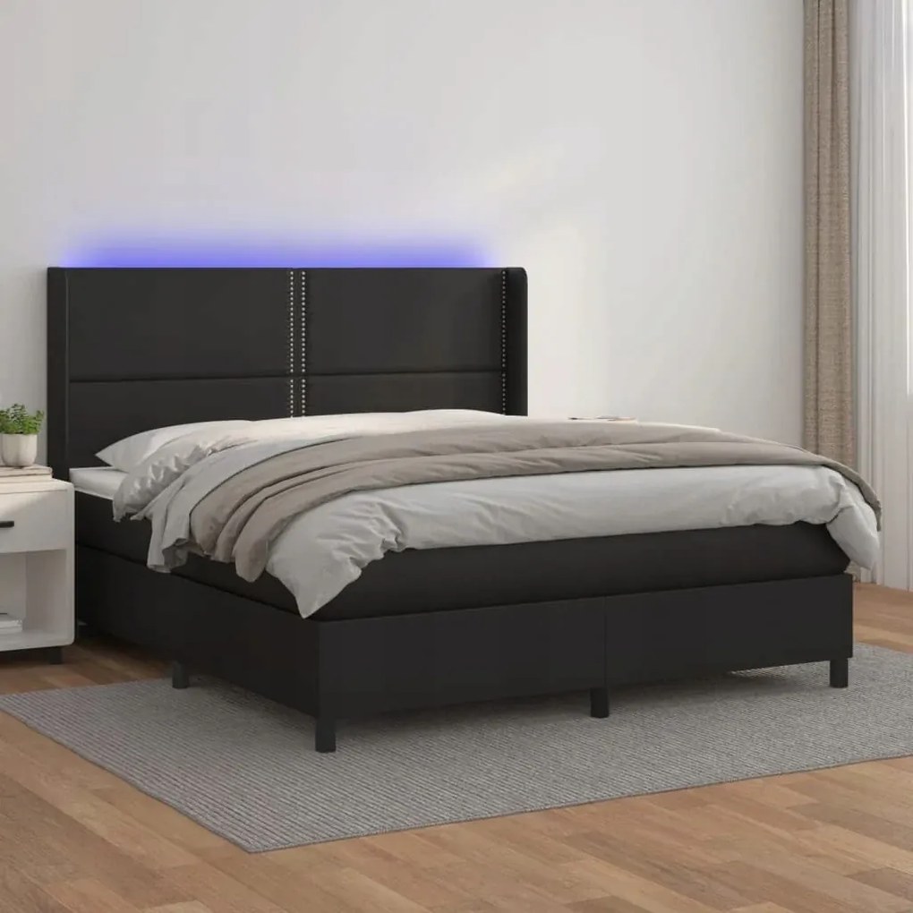 Box Spring Postel S Matrací A Led Černá Umělá Kůže Černá Hladké s hřebíky
