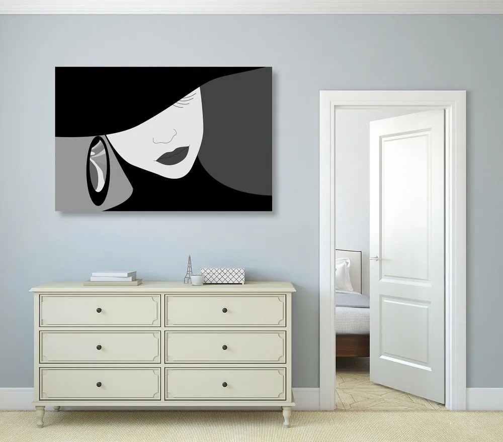 Obraz nóbl dáma v klobouku v černobílém provedení - 120x80 cm