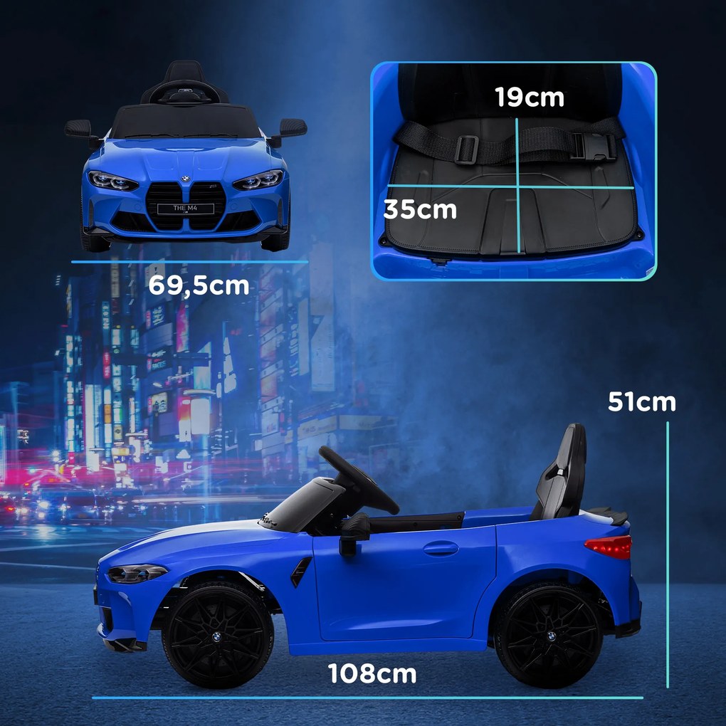 AIYAPLAY elektrické auto pro děti s licencí BMW M4, dálkové ovládání, klakson a světlomety, 108x69,5x51 cm, modrá