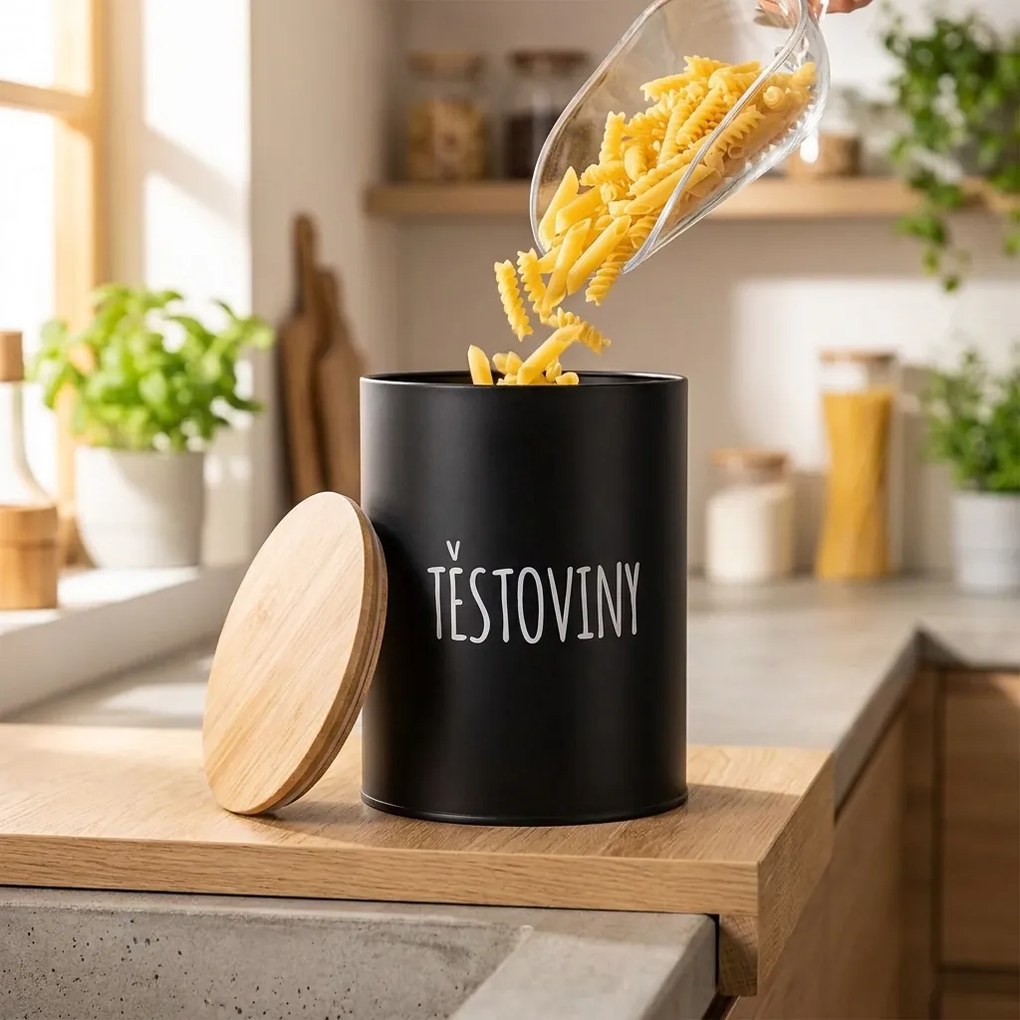 Orion Dóza na potraviny, plechová, černá, s bambusovým víkem, 2,3l, TĚSTOVINY