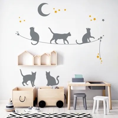 Nástěnná samolepka - stínové obrázky - kočky na laně barva kočky: lila, barva doplňky: žlutá