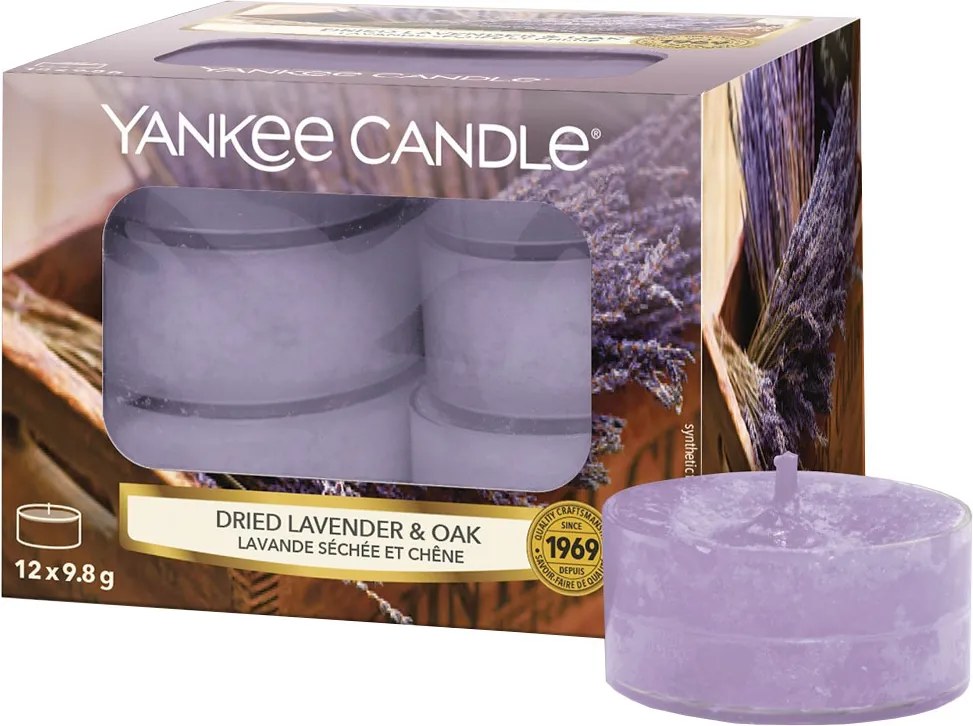 Yankee Candle – čajové svíčky Dried Lavender & Oak (Sušená levandule a dub), 12 ks