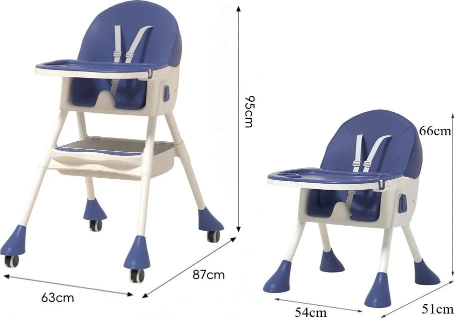 Židle na krmení KDK03 4v1 modrá + košík a kolečka ZDARMA