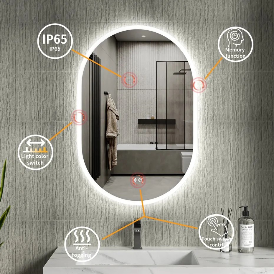 Erga Demi, oválné LED zrcadlo 60x90cm, 3 barvy světla, přední osvětlení, topná podložka proti zapaření, ERG-V01-Demi-6090-CL