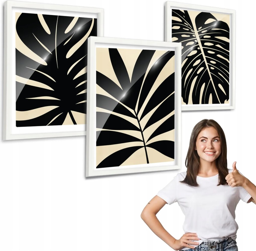 Sada 3 obrazů vzor Rostlina Monstera bílá rámeček 50x70 na plexi triptych