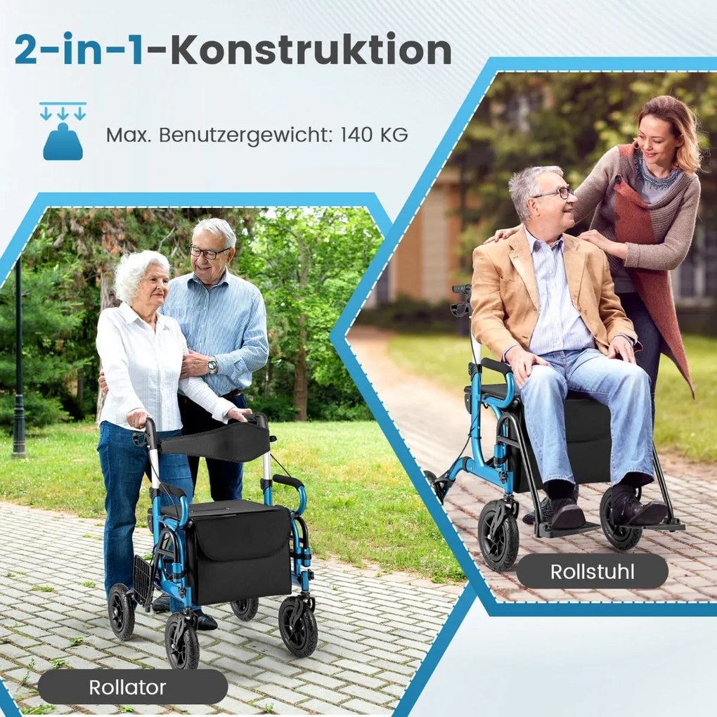 Costway Rollator s pneumatikami, skládací a lehký se sedadlem 2 v 1 invalidním
