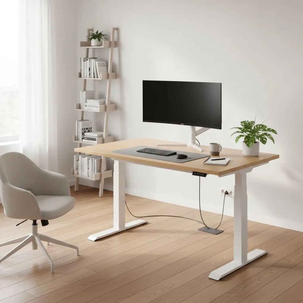 Výškově nastavitelný stůl OfficeTech D, 200 x 80 cm, bílá podnož, buk