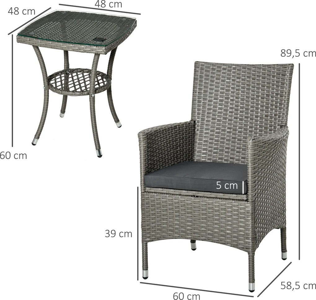Souprava zahradního nábytku Outsunny Poly Rattan, venkovní lounge nábytek na balkon pro 2 osoby, 3-dílná sedací souprava, 2 křesla, stůl a polstry, z…
