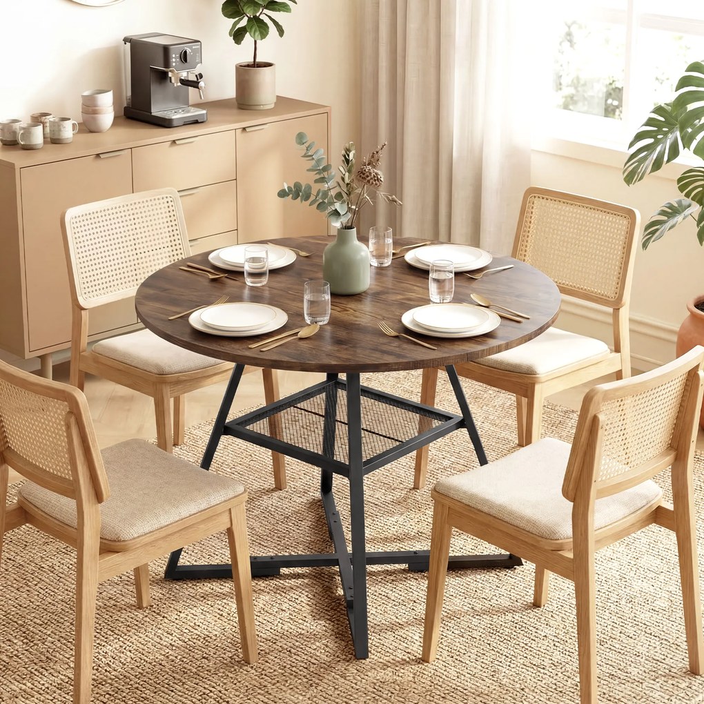 HOMCOM kulatý jídelní stůl pro 4, průměr 100 cm × výška 76 cm, industriální, velká deska a odkládací police, kovový rám, rustikální hnědá