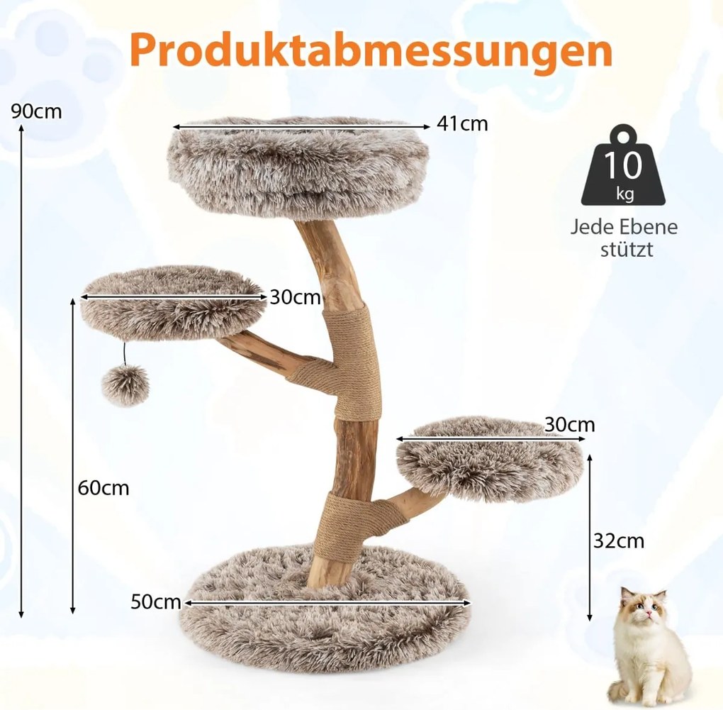 Costway 90 cm škrabadlo dřevěný kočičí strom s 4 plyšovým sedadlem míč