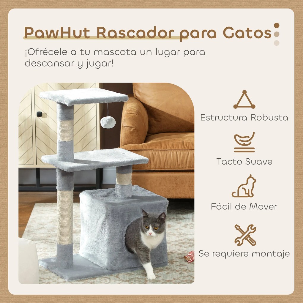 PawHut Kočičí Škrabadlo 81,5 cm s Sijouxovými Sloupci, 2 Platformami, Jaskyní a H koulej, Stylový Design 50x30x81,5 cm Tmavě šedá