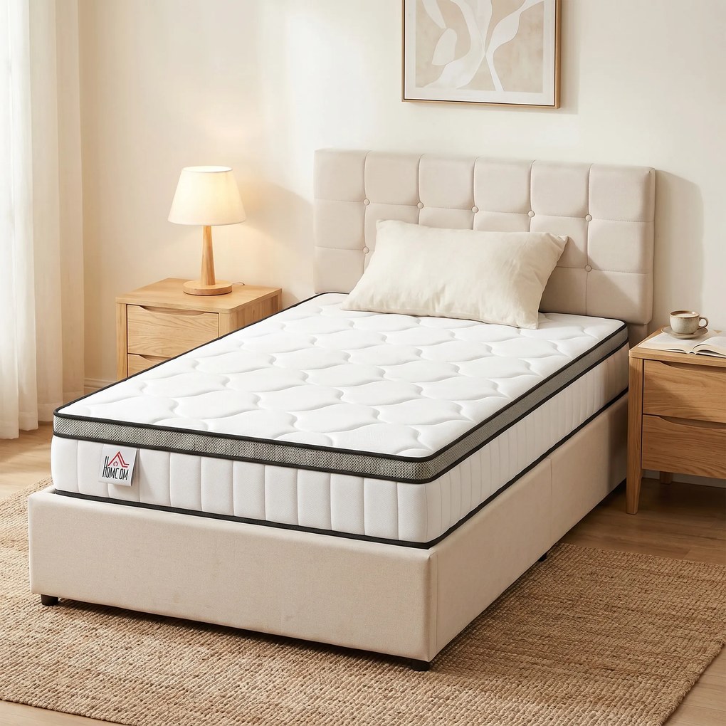 HOMCOM matrace 90 x 190 cm, výška 20 cm, 7-zónový taštičkový pružinový jádro s chladivým paměťovým pěnovým gelem
