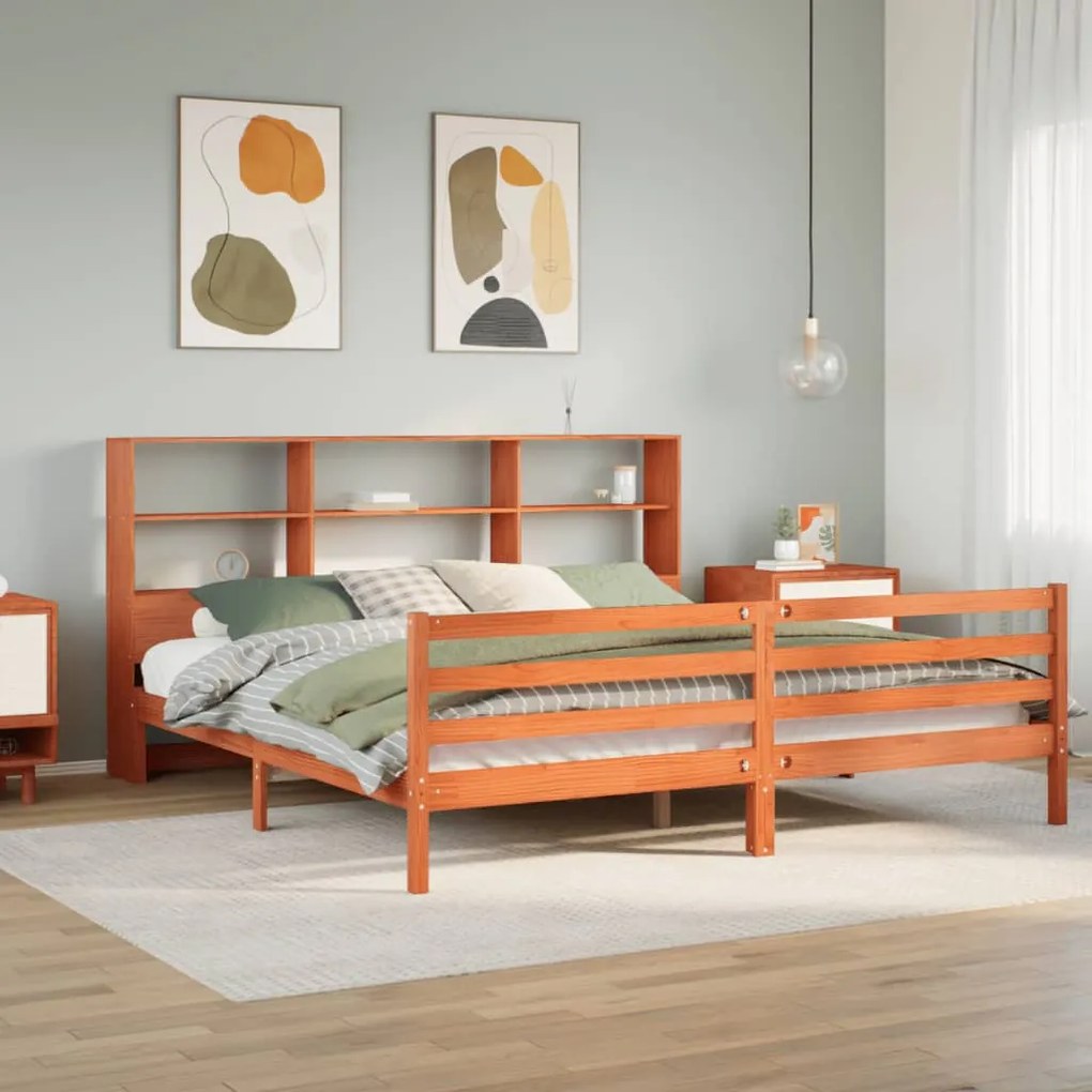 Postel s knihovnou bez matrace hnědá 200 x 200 cm masivní dřevo 3321921