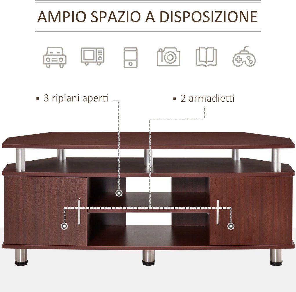 HOMCOM Klasická TV stojan do obývacího pokoje se 2 policemi a 2 skříňkami, MDF a nerezová ocel, hnědá, 120x39,5x52cm