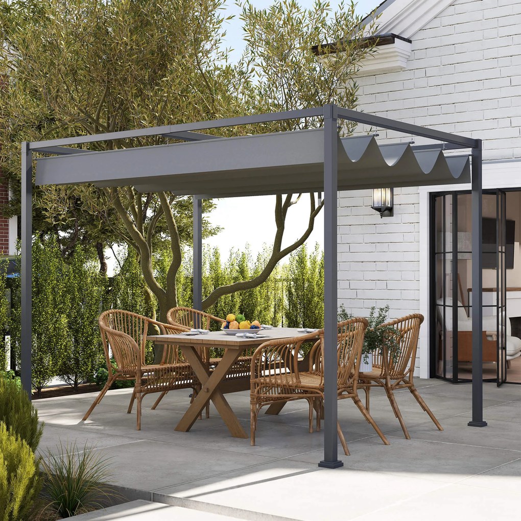 Outsunny pergola altán zastřešení terasy s posuvnou střechou 298 x 213 x 221 cm, šedá, polyester odolný proti povětrnostním vlivům pro zahradu a tera…