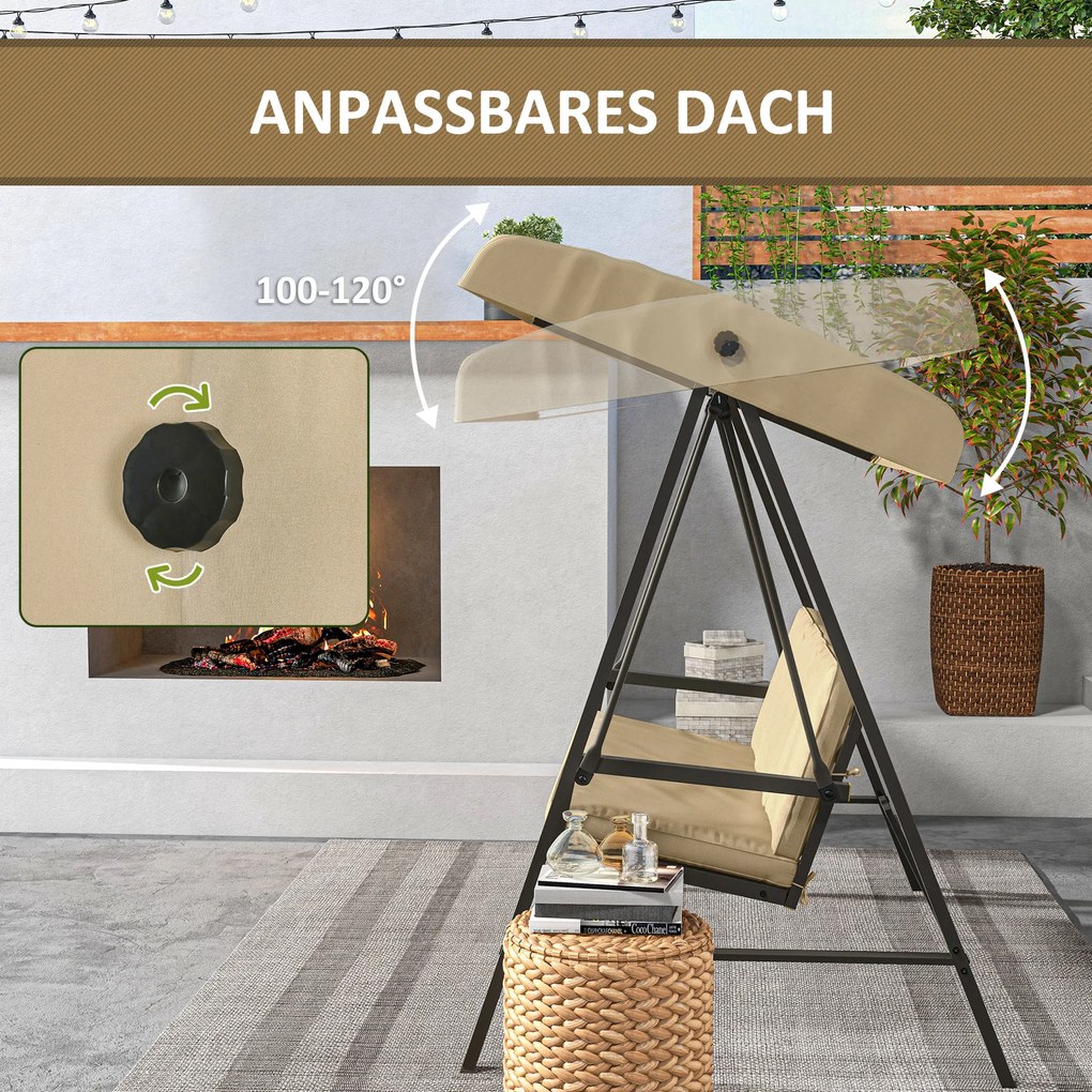 3-Sitzer Hollywoodschaukel, Gartenschaukel, verstellbares Sonnendach, 200 cm x 125 cm x 175 cm, Beige + Braun