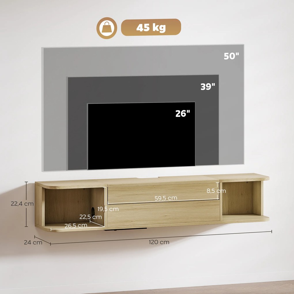 HOMCOM závěsný televizní nábytek, TV stolek pro televizi 127 cm, zásuvka, police, průchodky na kabely, 120x24x22,4 cm, vzhled přírodního dřeva