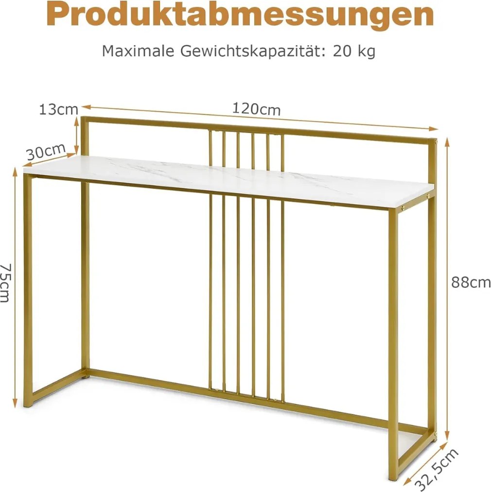 Costway Moderní stolek do předsíně 120 cm s mramorovým vzhledem a zlatým kovovým