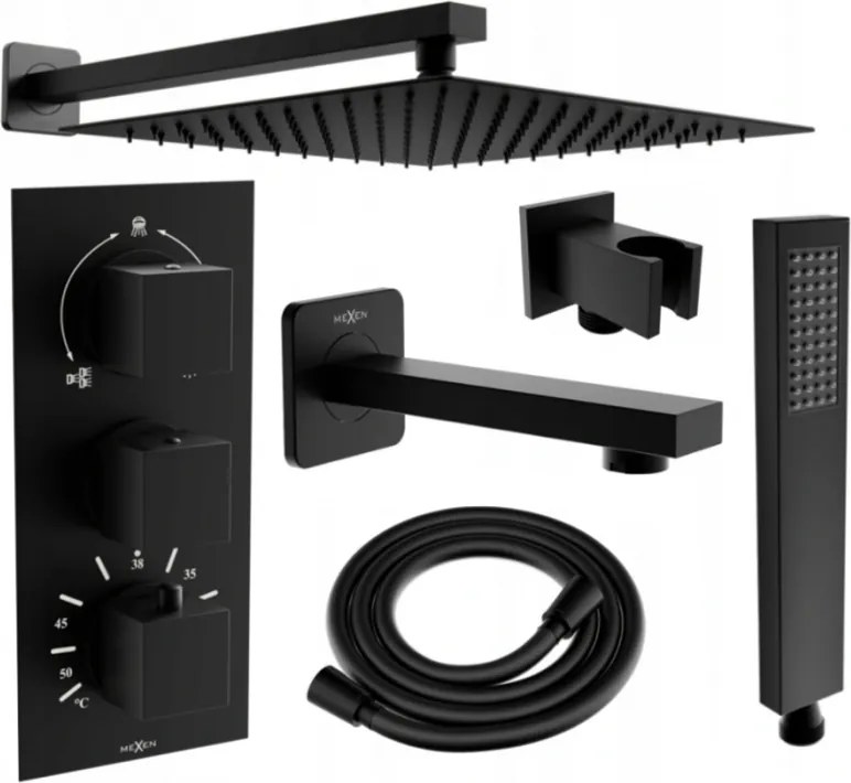 Mexen Cube DR02 podomítkový vanový a sprchový set s hlavovou sprchou 30x30 cm (7v1), černá, 77503DR0230-70