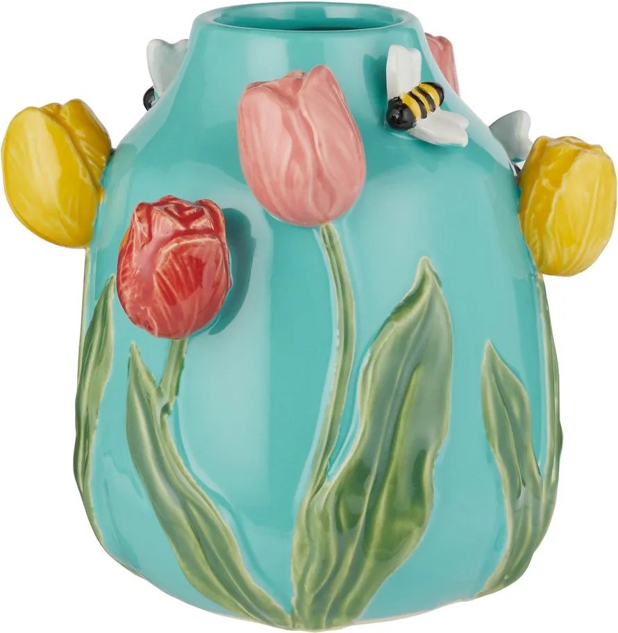 Butlers SPRING Váza včely a tulipány 21 cm - modrá