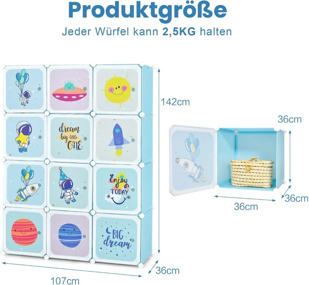 Costway Šatní skříň pro děti se 2 závěsnými sekcemi a 12 kostkami Roztomilá
