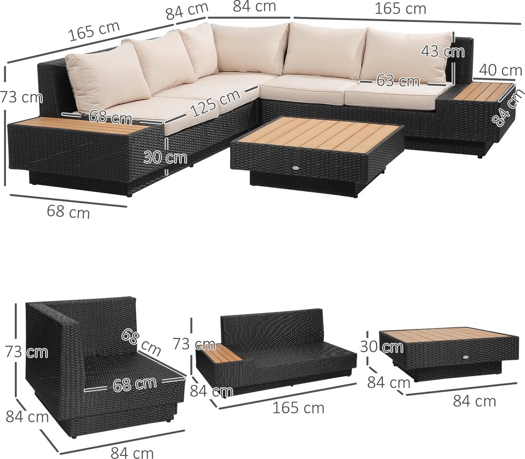 Zahradní set HOMCOM pro 4 osoby s policemi a stolkem, včetně sedacího polštáře, černý, ideální na terasu a balkon |