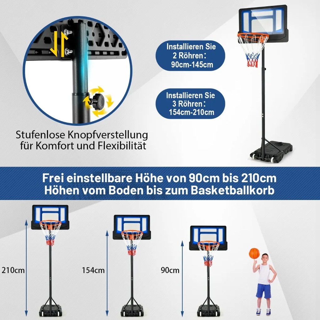Costway Basketbalový stojan 90/158-210 cm výškově nastavitelný – modrý