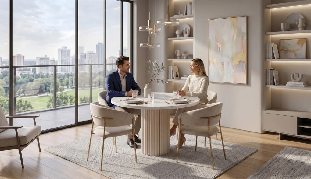 NW Kulatý jídelní stůl NESTORIO 4, 110 cm Barva/ dekor: Dub Sonoma, Barva nohy stolu: Zlatá