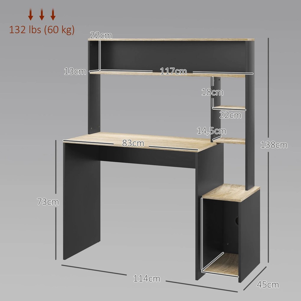 HOMCOM Stůl s policemi Moderní počítačový stůl s podstavcem na monitor CPU Kancelářské studium 114x45x138 cm Šedá a přírodní