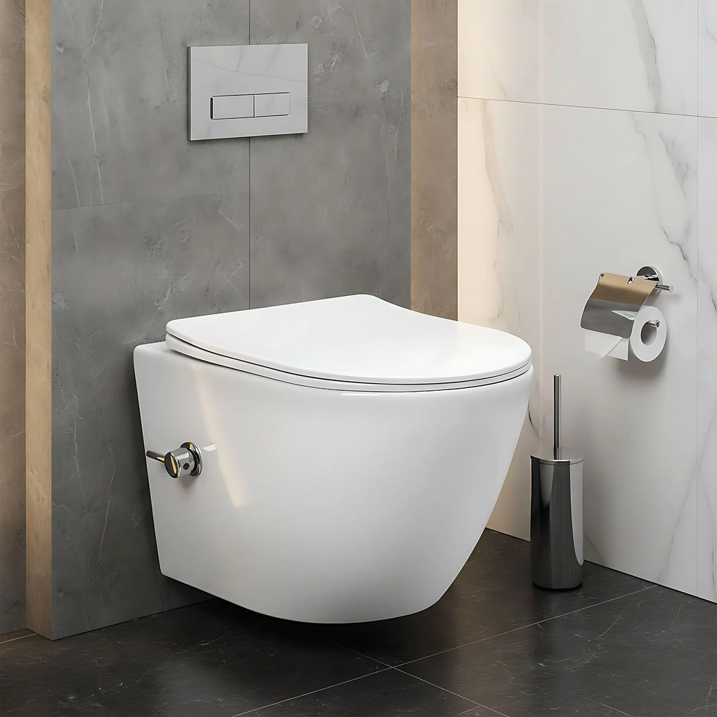 Závěsný WC komplet bez příruby s funkcí bidetu REA CARLO LUX RIMLESS, včetně SoftClose sedátka, bílá