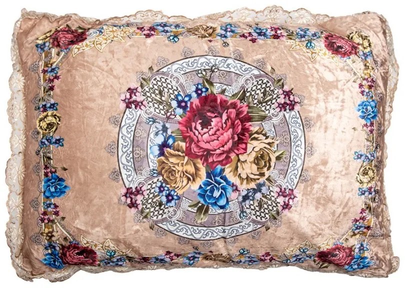 Béžový polštář s květy a krajkou Baroque - 70*50*6 cm