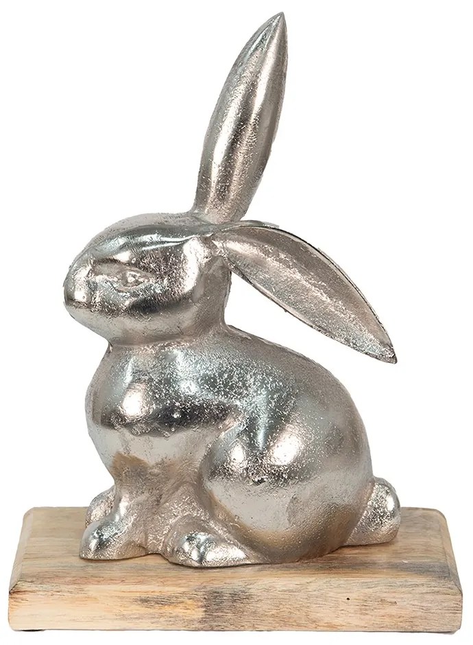 Dekorace stříbrný kovový králík na dřevěném podstavci - 21*11*28 cm