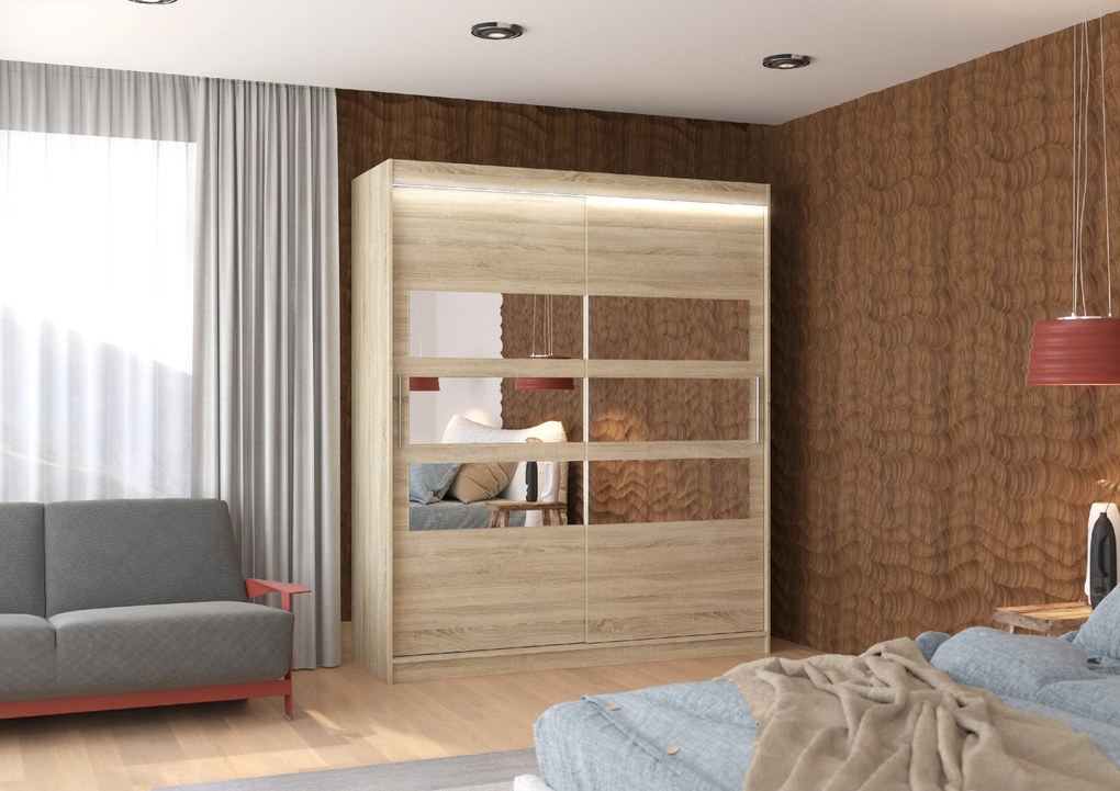 ADRK Furniture Posuvná skříň se zrcadlem a LED osvětlením TOLEDO 180 ADRK-SW-TOL-S-180