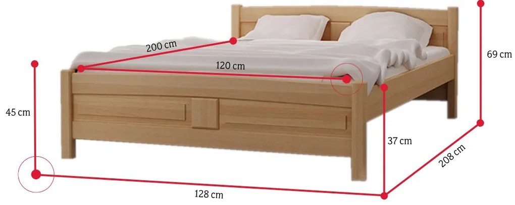 Vyvýšená postel JOANA + sendvičová matrace BOHEMIA + rošt ZDARMA, 120 x 200 cm, přírodní-lak