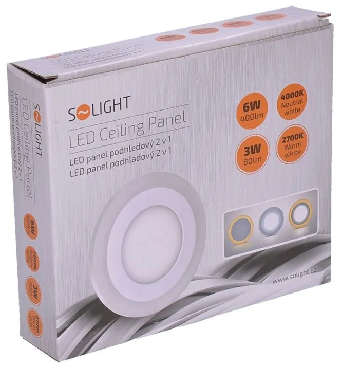 Solight LED podsvícený panel, podhledový, 6W+3W, 400lm, 4000K, kulatý