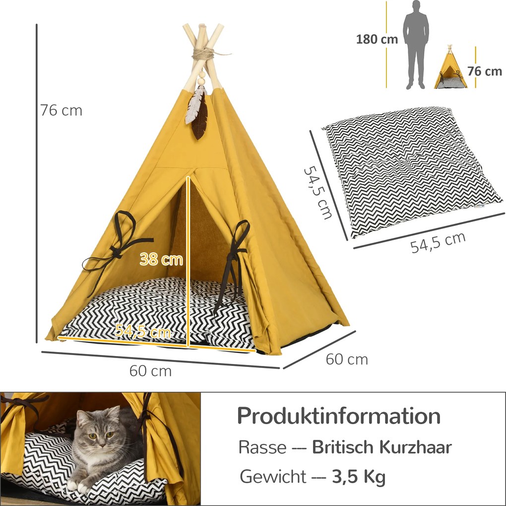 PawHut kočičí domeček teepee stan pro psy s polštářem, protiskluzový, s míčkem na hraní, z borovicového dřeva, vnitřní, žlutý| Aosom