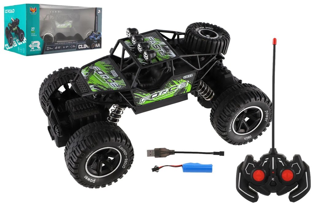Auto RC Off-Road plast 26cm 27MHz dobíjecí pack+baterie se světlem zelené v krabici