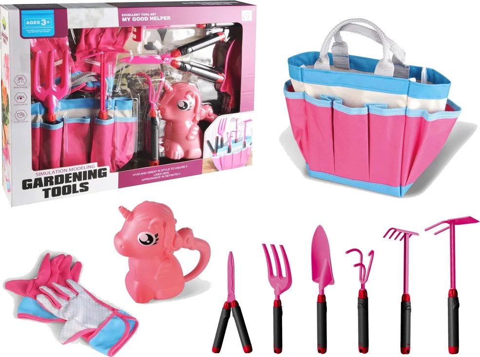 LEAN Toys Zahradní souprava taška nářadí rukavice hrábě růžový jednorožec