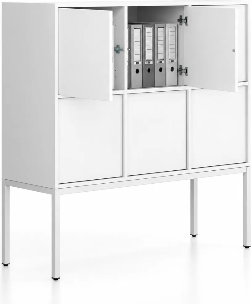 Kancelářská skříň FRAME, nízká, bílá podnož, 6x dveře, 1299 x 450 x 1331 mm, PUSH-lock, bílá