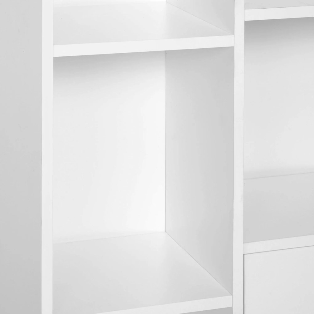 HOMCOM Skandinávská Knihovna s Úložným Prostorem, rozměry 80 Š x 23,5 H x 123 V cm, 5 nik, skříňka, 2 dveře, zúžené nohy z masivního borovicového dře…