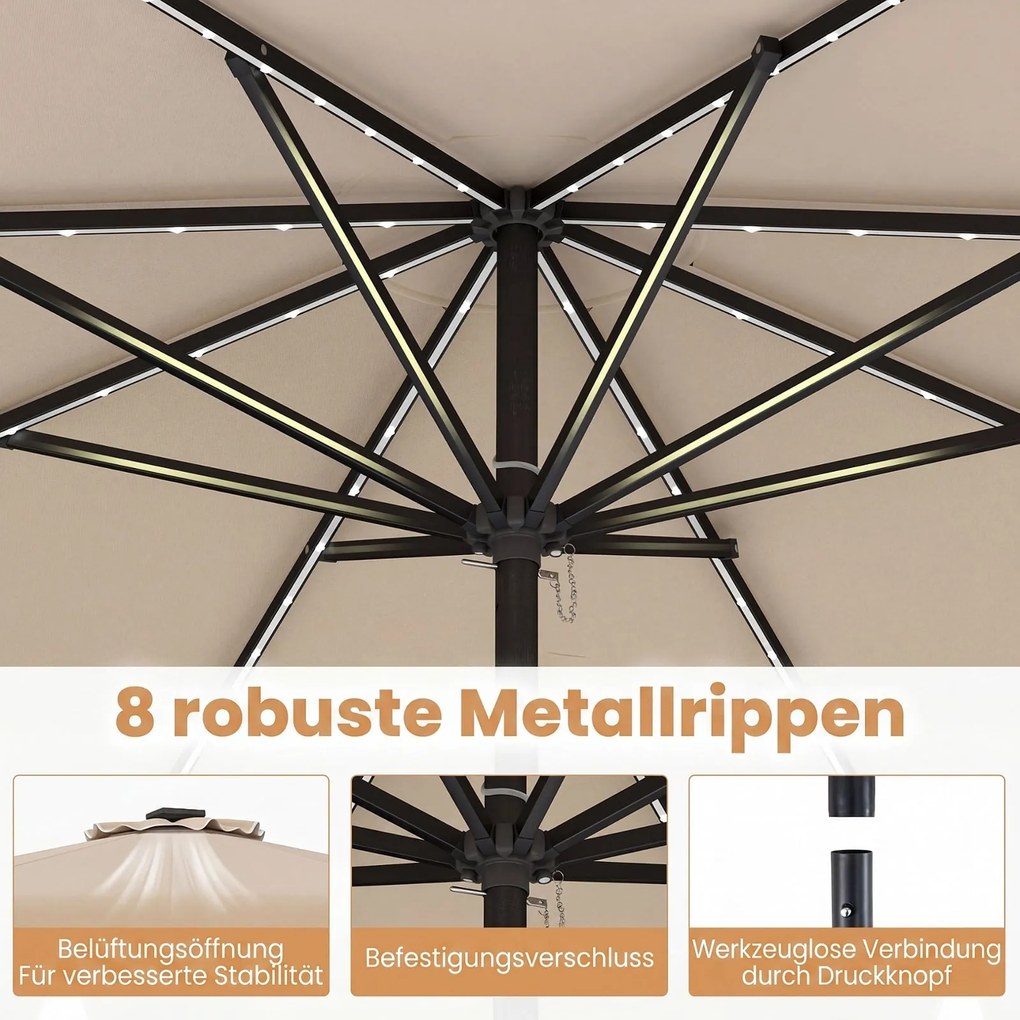 Costway Slunečník 270 cm se solárním LED osvětlením Větruodolný s 8 žebrováním
